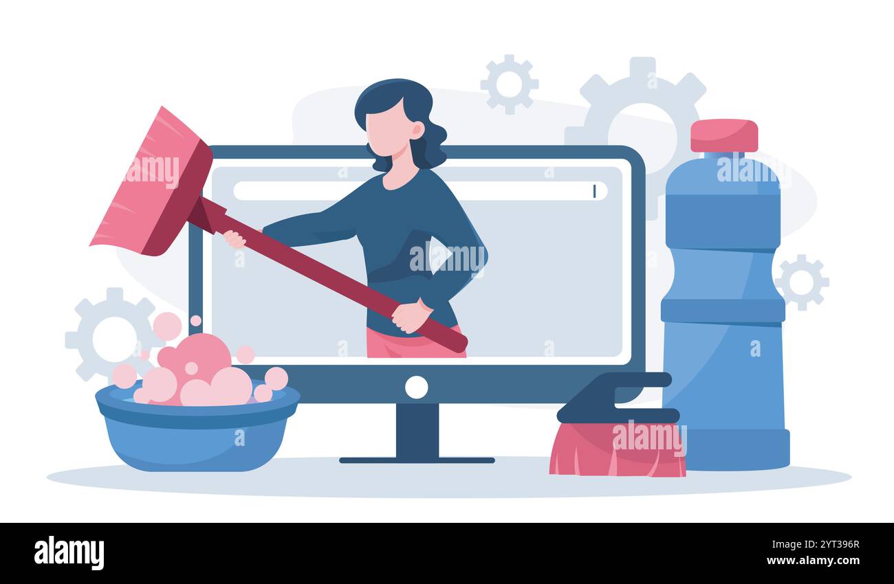 Cleaning company online. Woman with mop on computer screen near basin ...