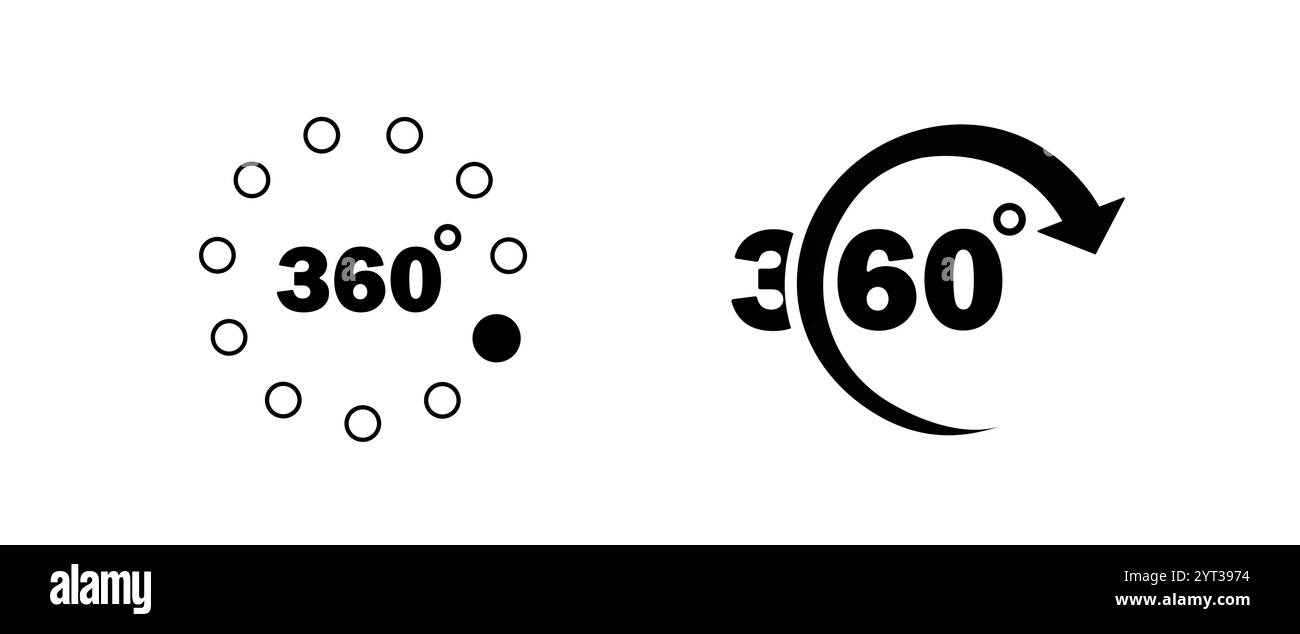 360 degrees icon set. Rotation and angle of views. Simulation, panorama and rotation ...