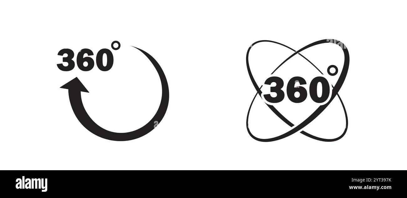 360 degrees icon set. Rotation and angle of views. Simulation, panorama and rotation. Template ...