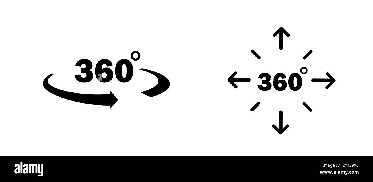 360 degrees icon set. Rotation and angle of views. Simulation, panorama and rotation. Virtual ...