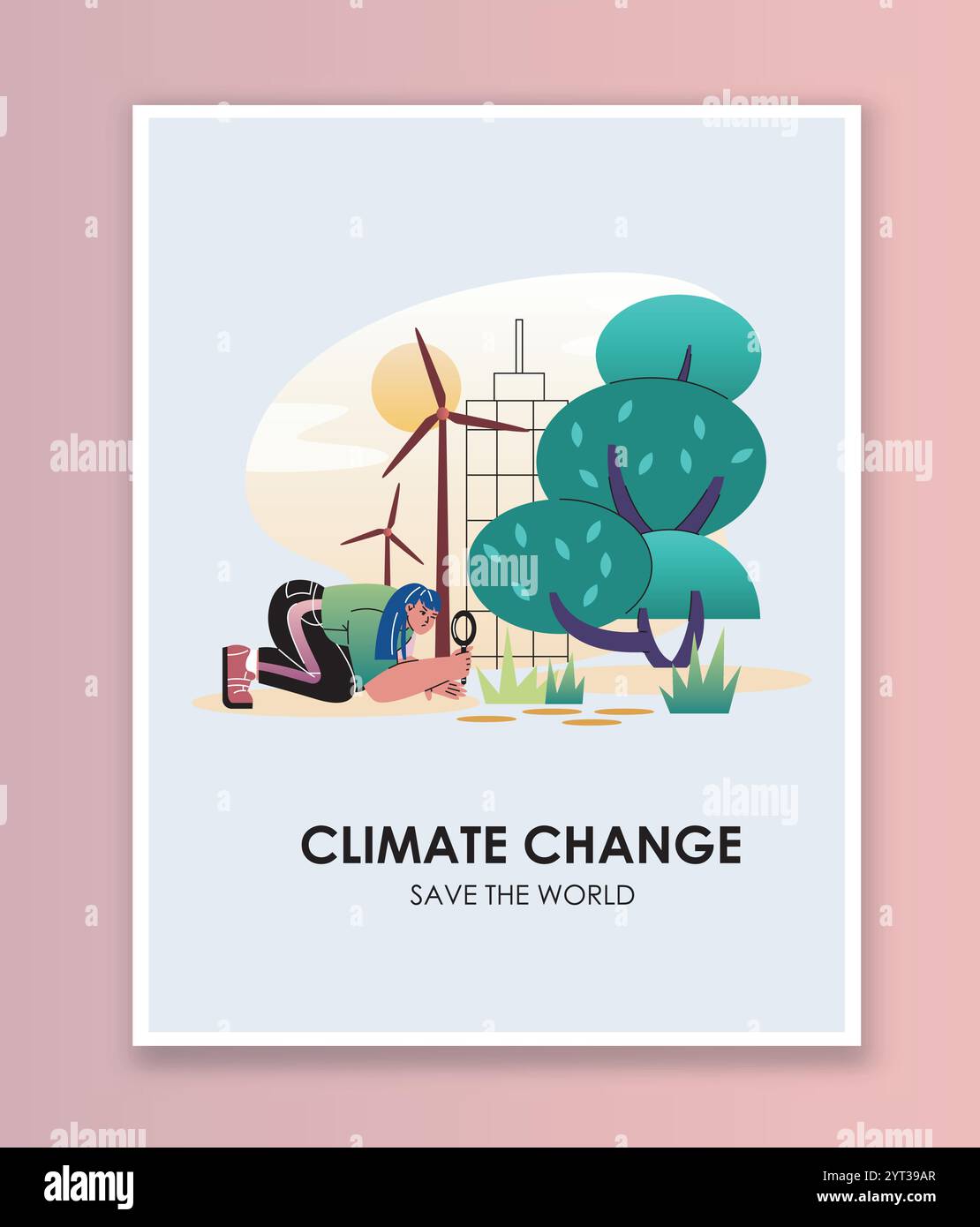 Climate change poster. Woman with magnifying glass evaluates windmills ...