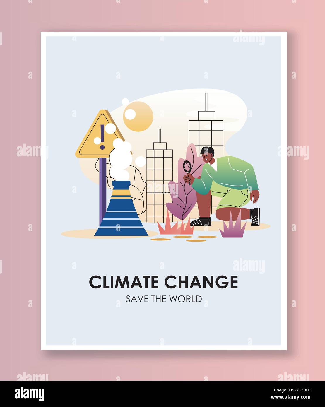 Climate change poster. Man with magnifying glass looks at smoke from ...