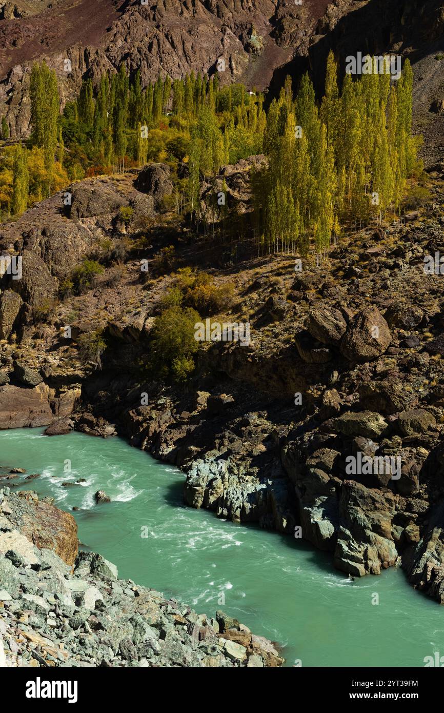 Clear green water of Zanskar river flowing through barren mountains ...
