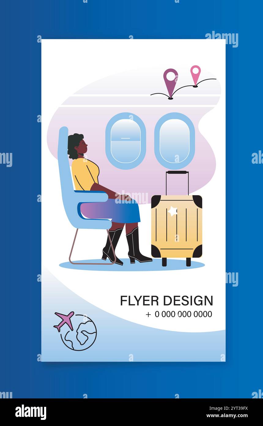 Design for airport flyer. Wan with luggage sitting in airplane. Holiday ...