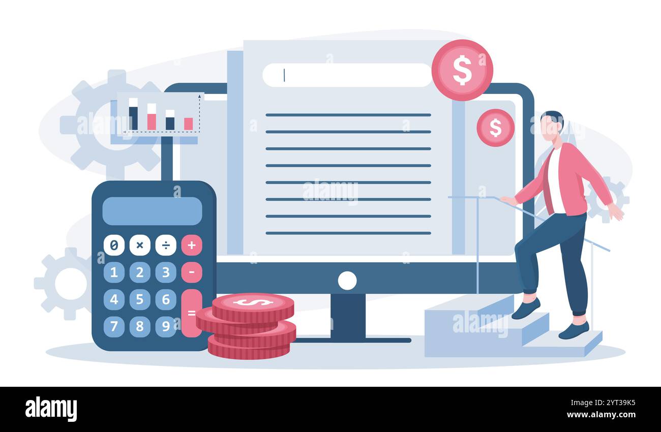 Income statement concept. Man near computer, calculator and gold coins. Accounting and budgeting ...