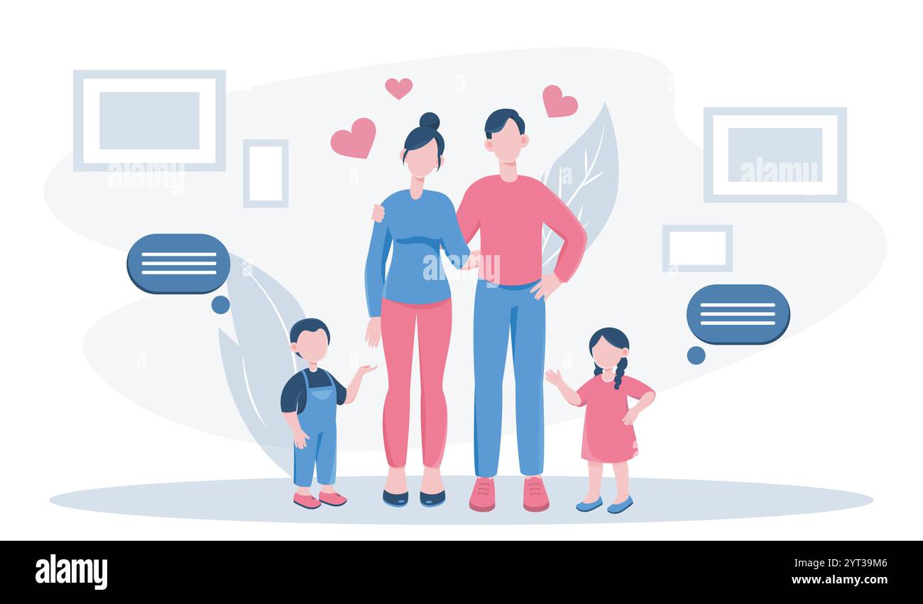 Happy family together. Man and woman stand with boy and girl. Mother ...