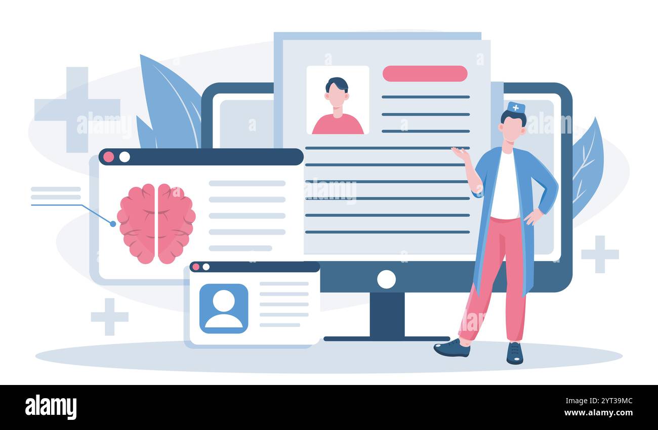 Online neurologist concept. Man in medical uniform near structure and ...