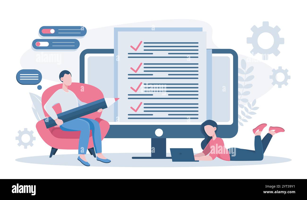 People taking online exam. Man and woman with laptop answer questions ...