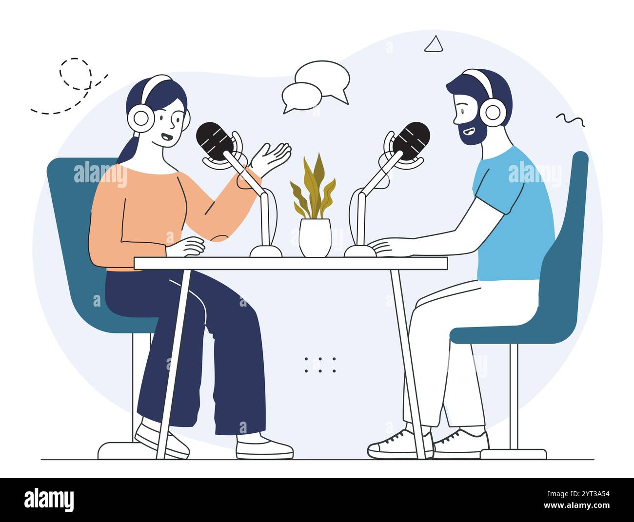 People recording podcast. Man and woman with microphones sitting at ...