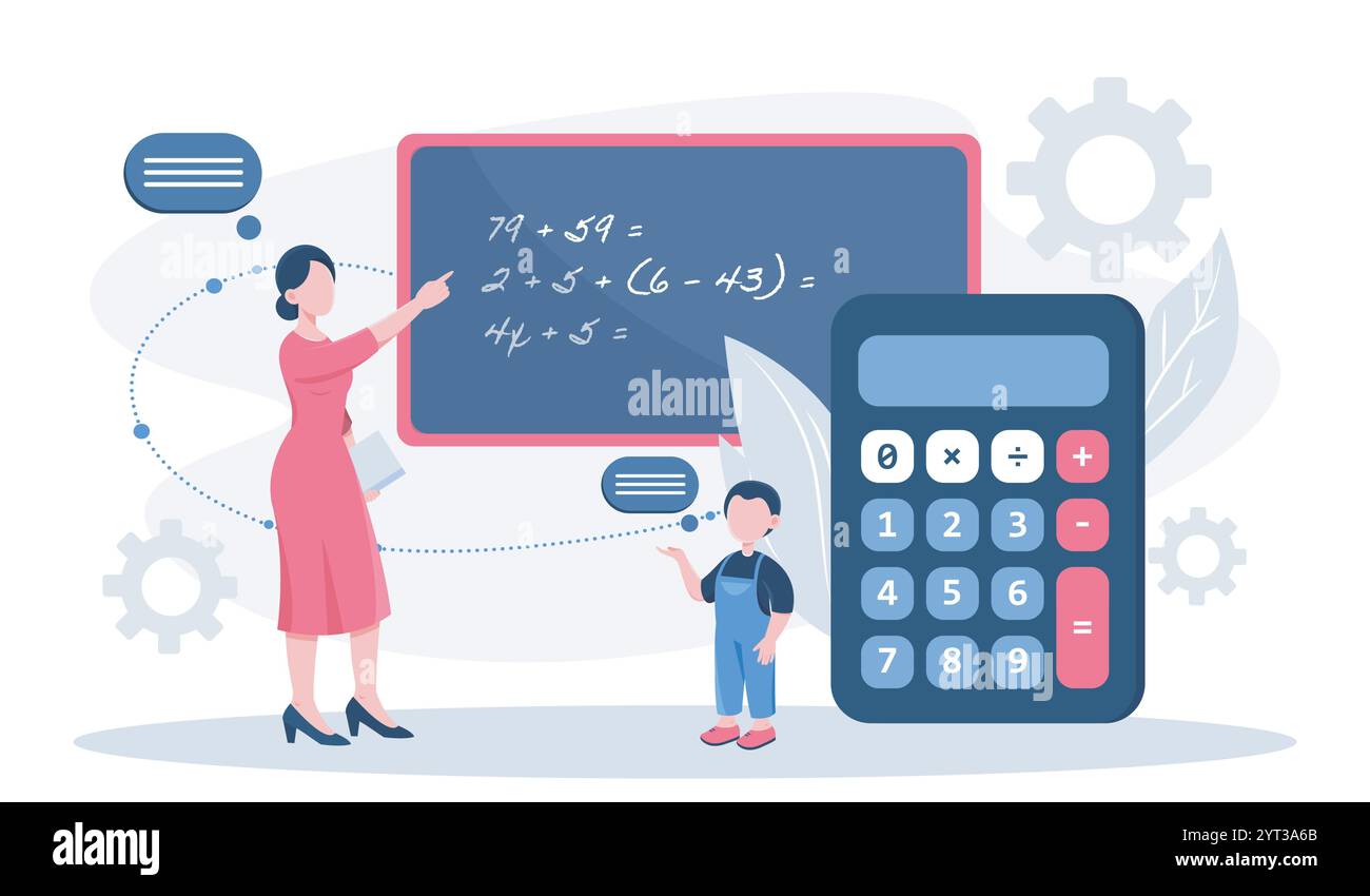 Teacher teaching math lesson. Woman and boy standing near chalkboard ...