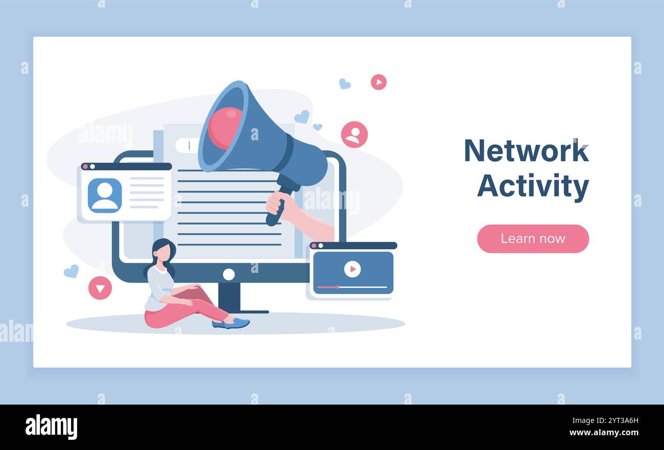 Network activity landing page. Woman near computer monitor with hand ...