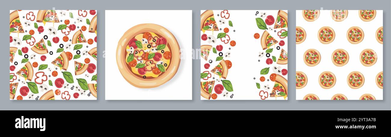 Pizza posters set. Traditional italian cuisine. Seamless patterns with ...