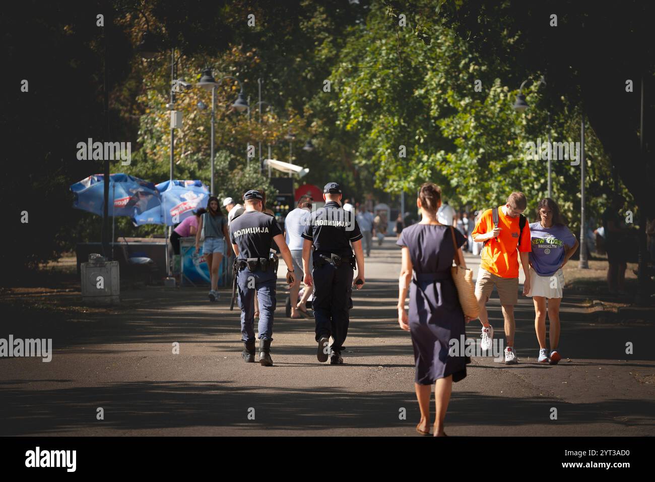BELGRADE, SERBIA - JUNE 12, 2024: Serbian policemen patrolling a park ...