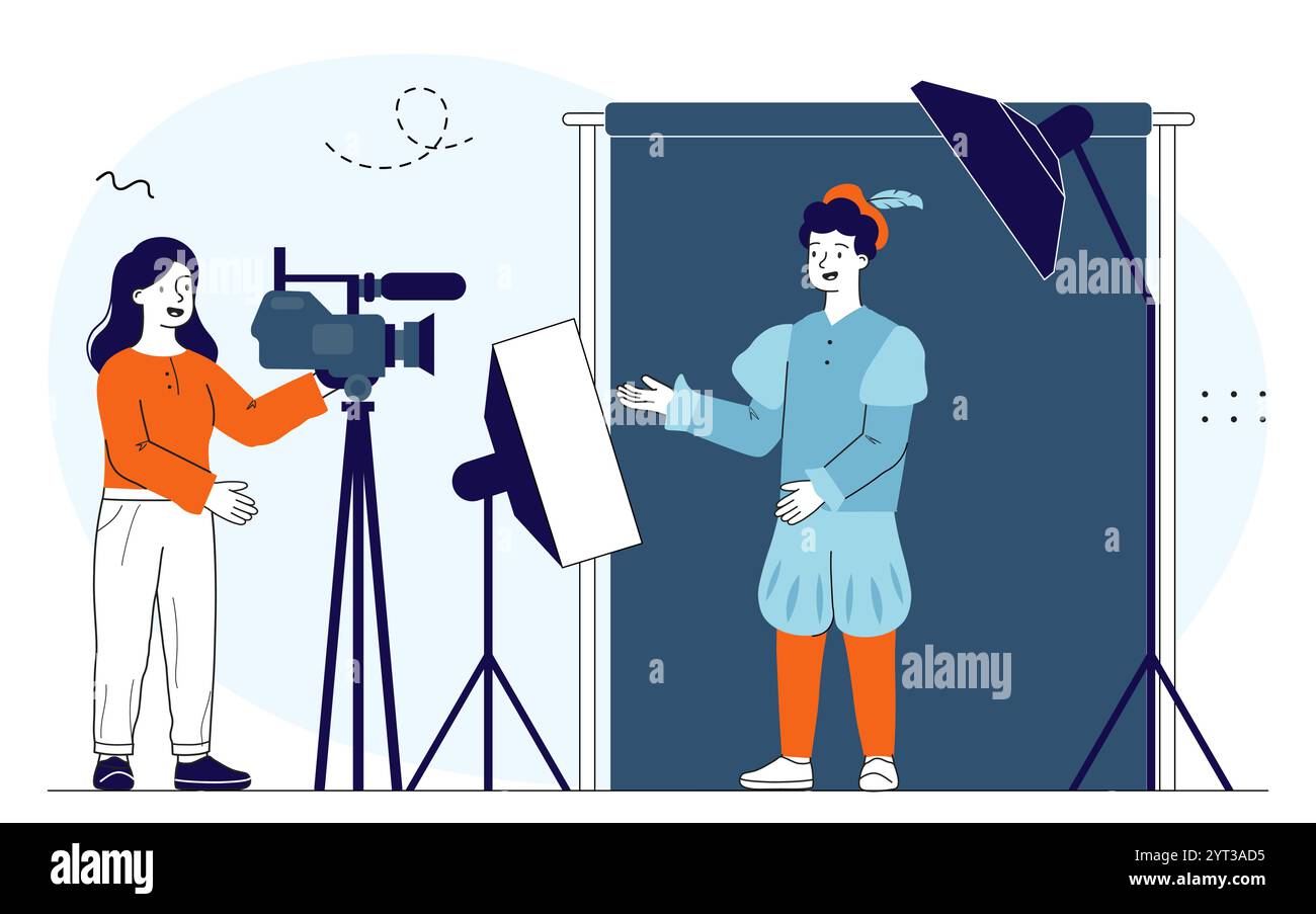 Photo on chromakey background. Woman with camera films theater actor ...