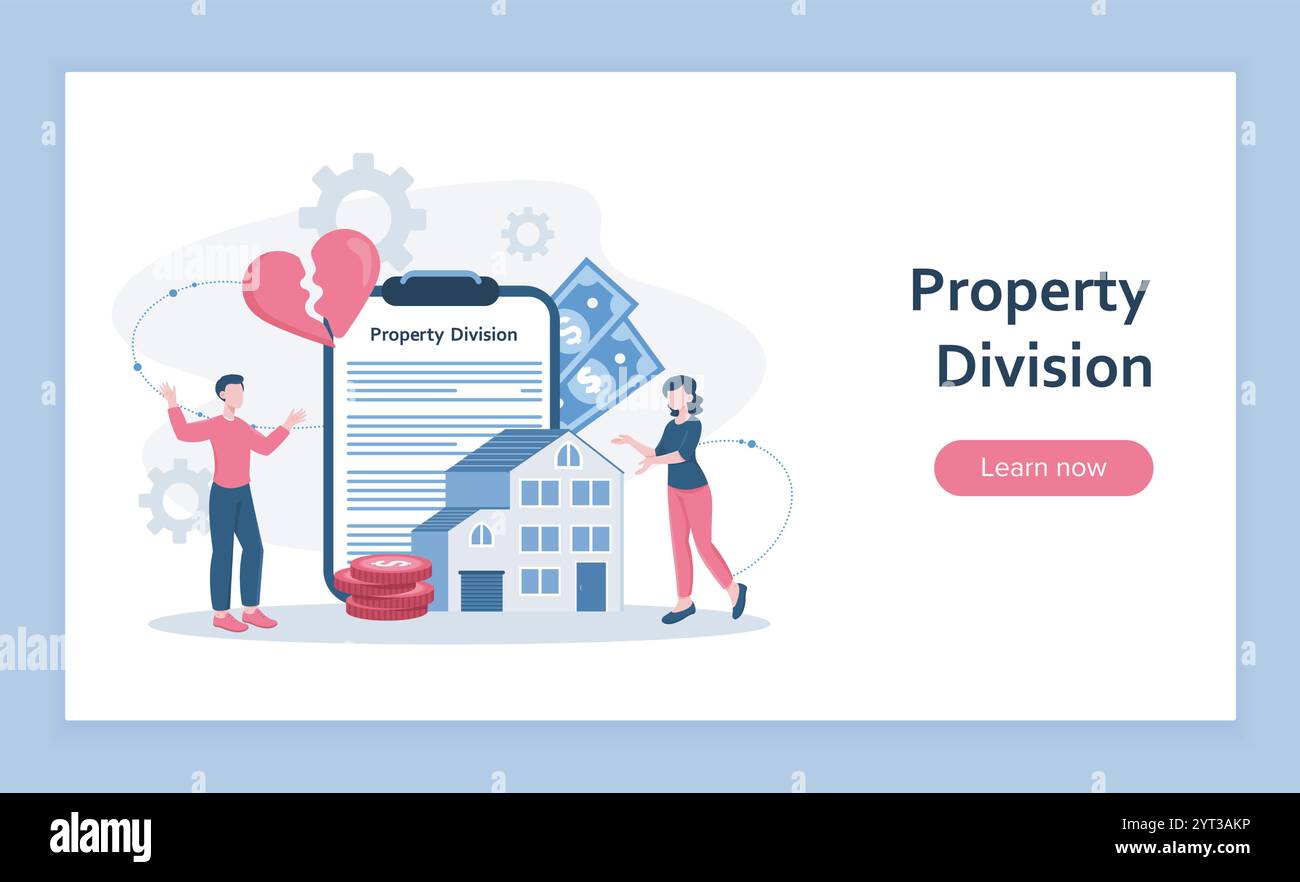 Property division landing page. Man and woman near contract and real ...
