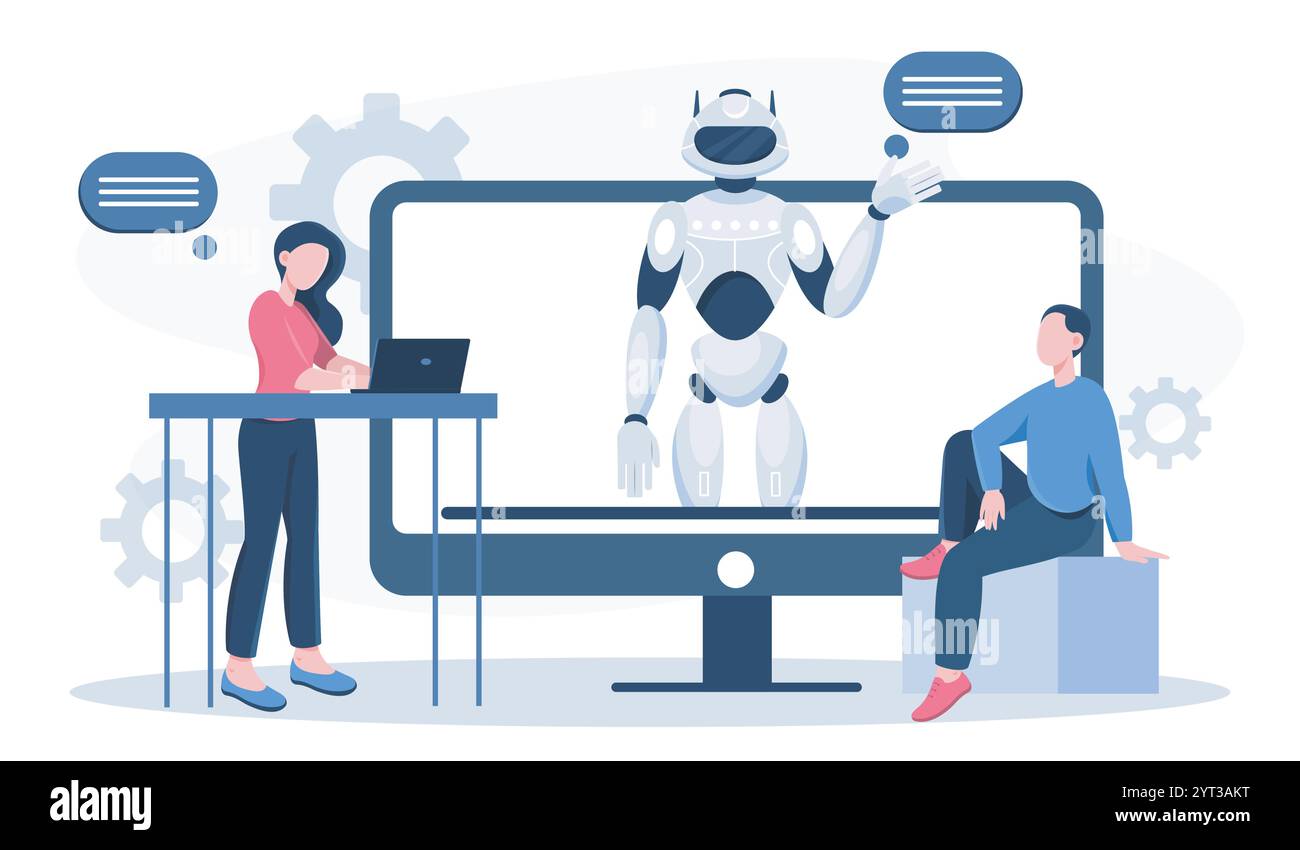 People with robot. Man and woman with laptop near computer with cyborg ...