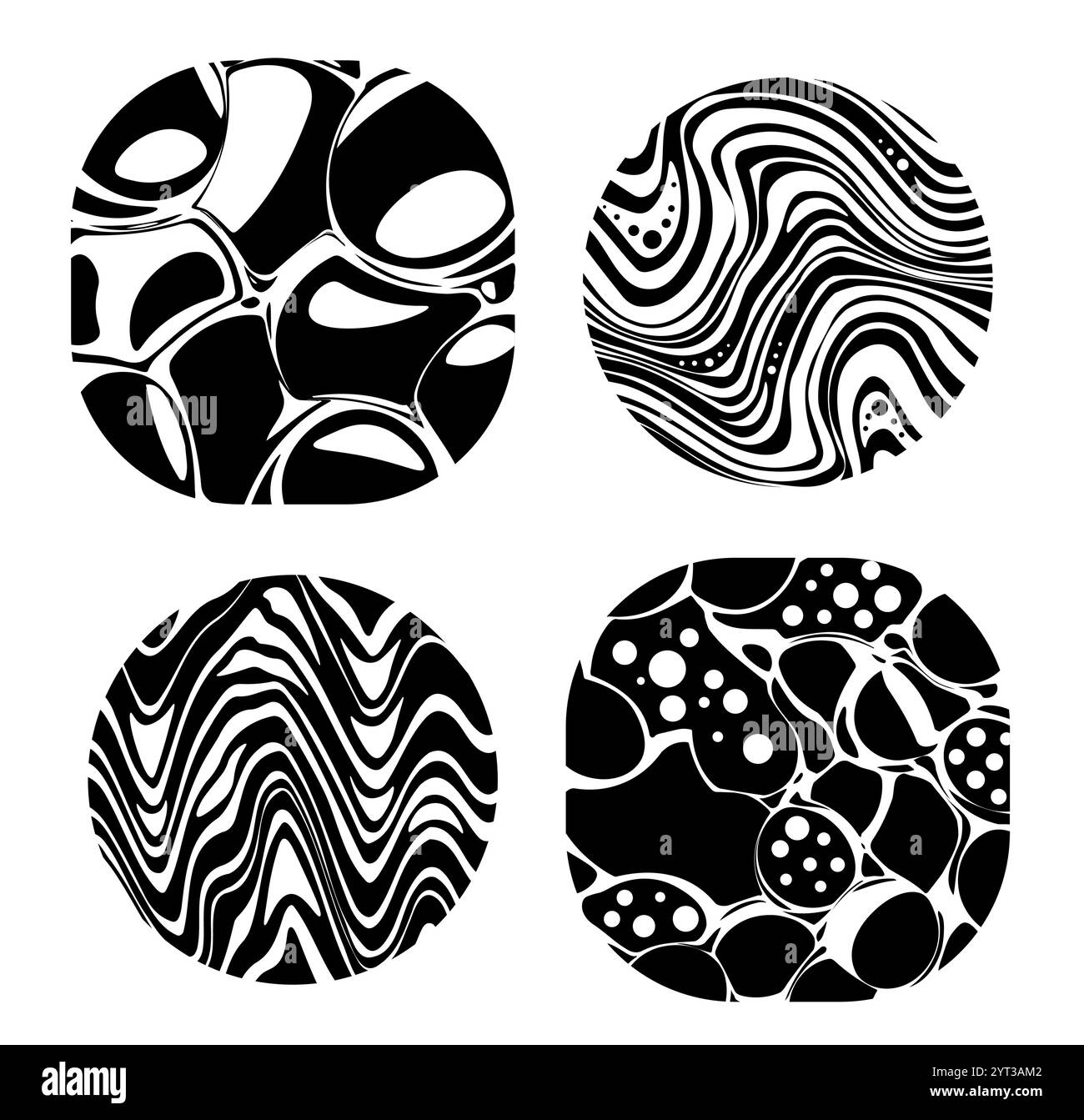 Psychedelic trippy figures set. Geometric groovy pattern and ornament. Blob and fluid. Abstract ...