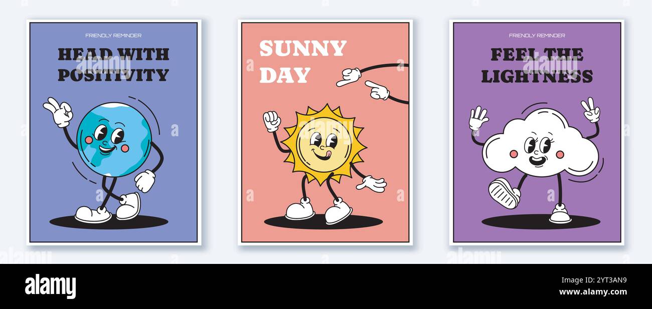 Retro cartoon posters set. Globe, sun and cloud characters. Back to 80s ...