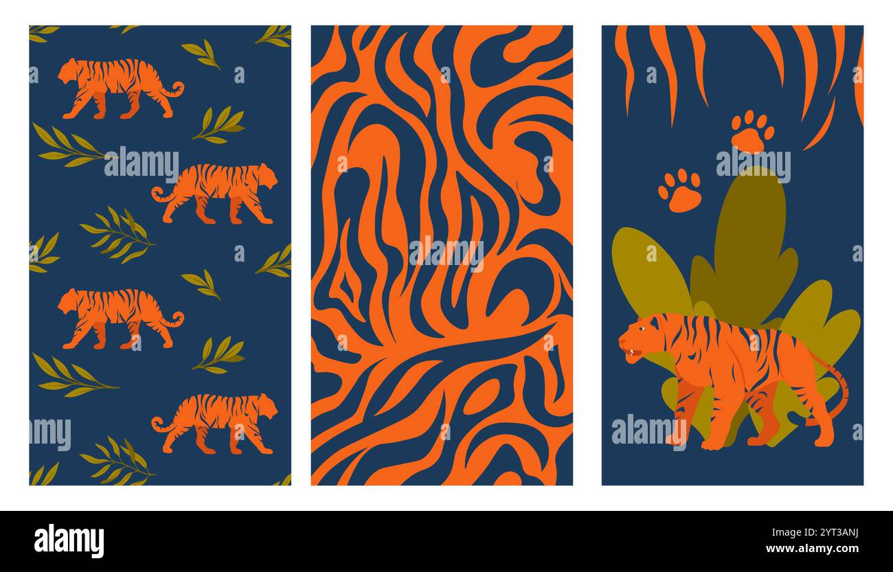 Tiger posters set. African fauna and wildlife. Pack of seamless ...