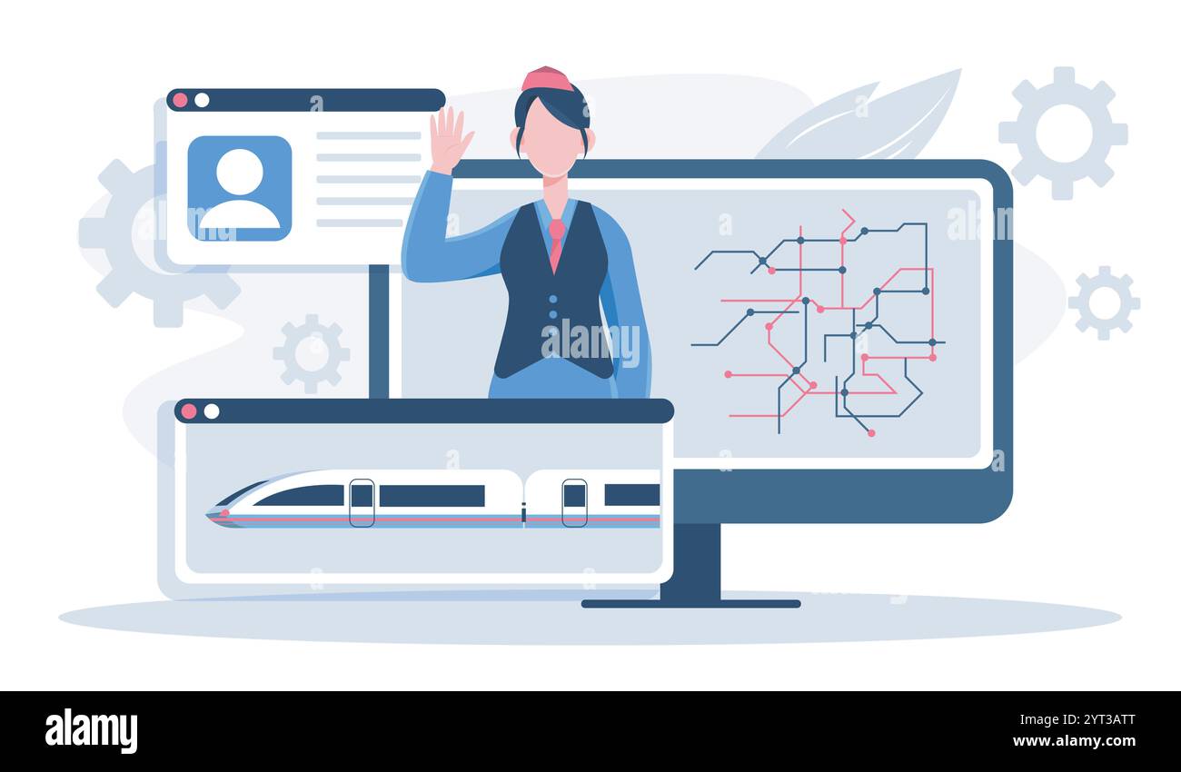 Train conductor online. Woman in uniform at computer with metropolis map. Urban infrastructure ...