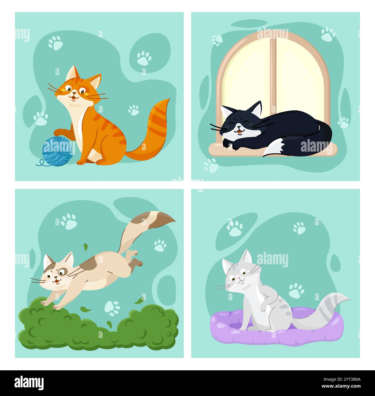 Set of pictures with cats. Orange, black, grey and beige kittens. Pets ...