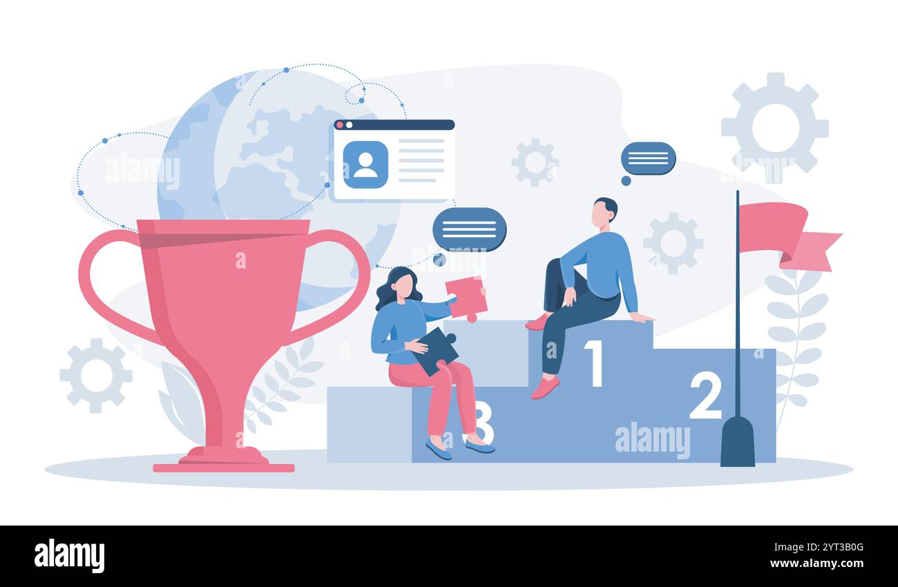 Team building concept. Man and woman sitting on pedestal near cup and ...