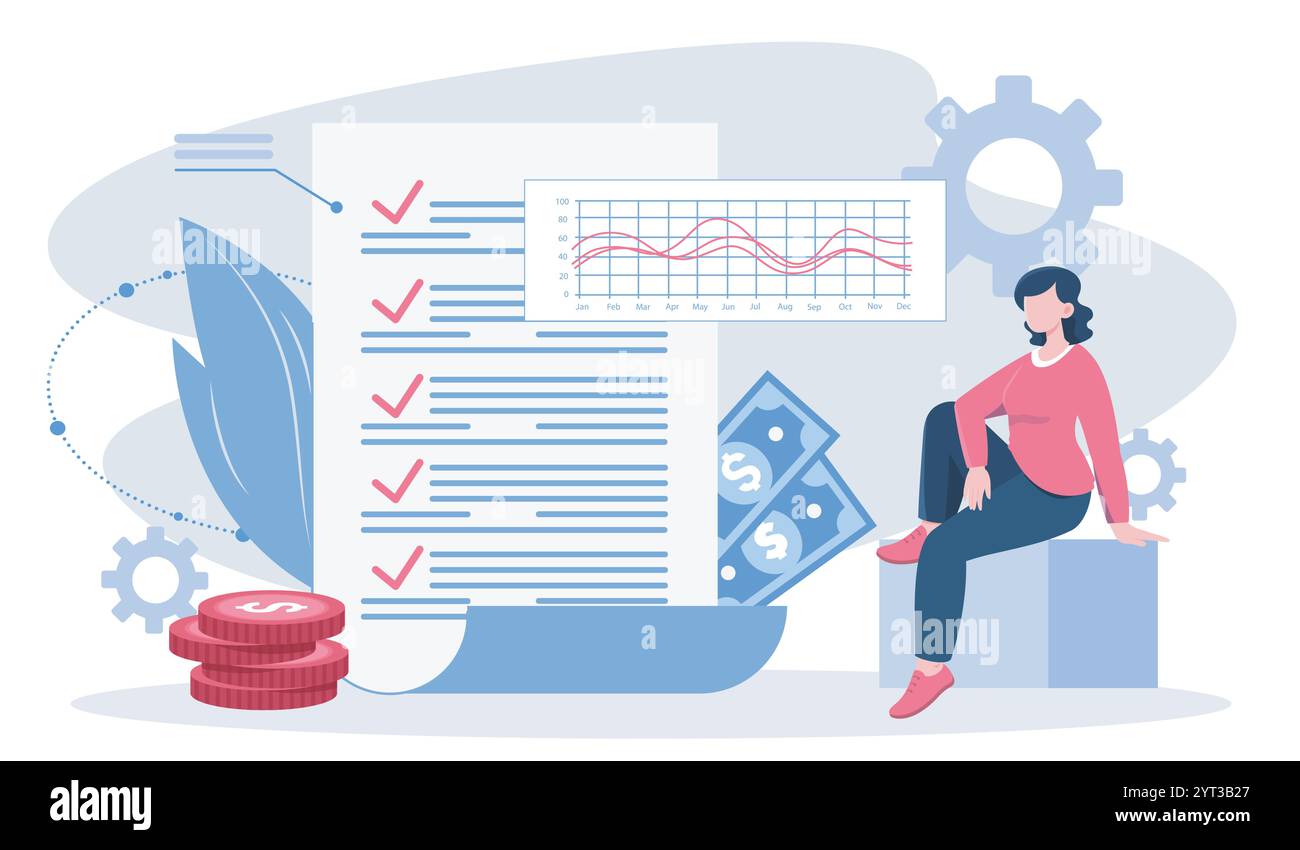 Taxes payment concept. Woman with financial documents, coins and ...