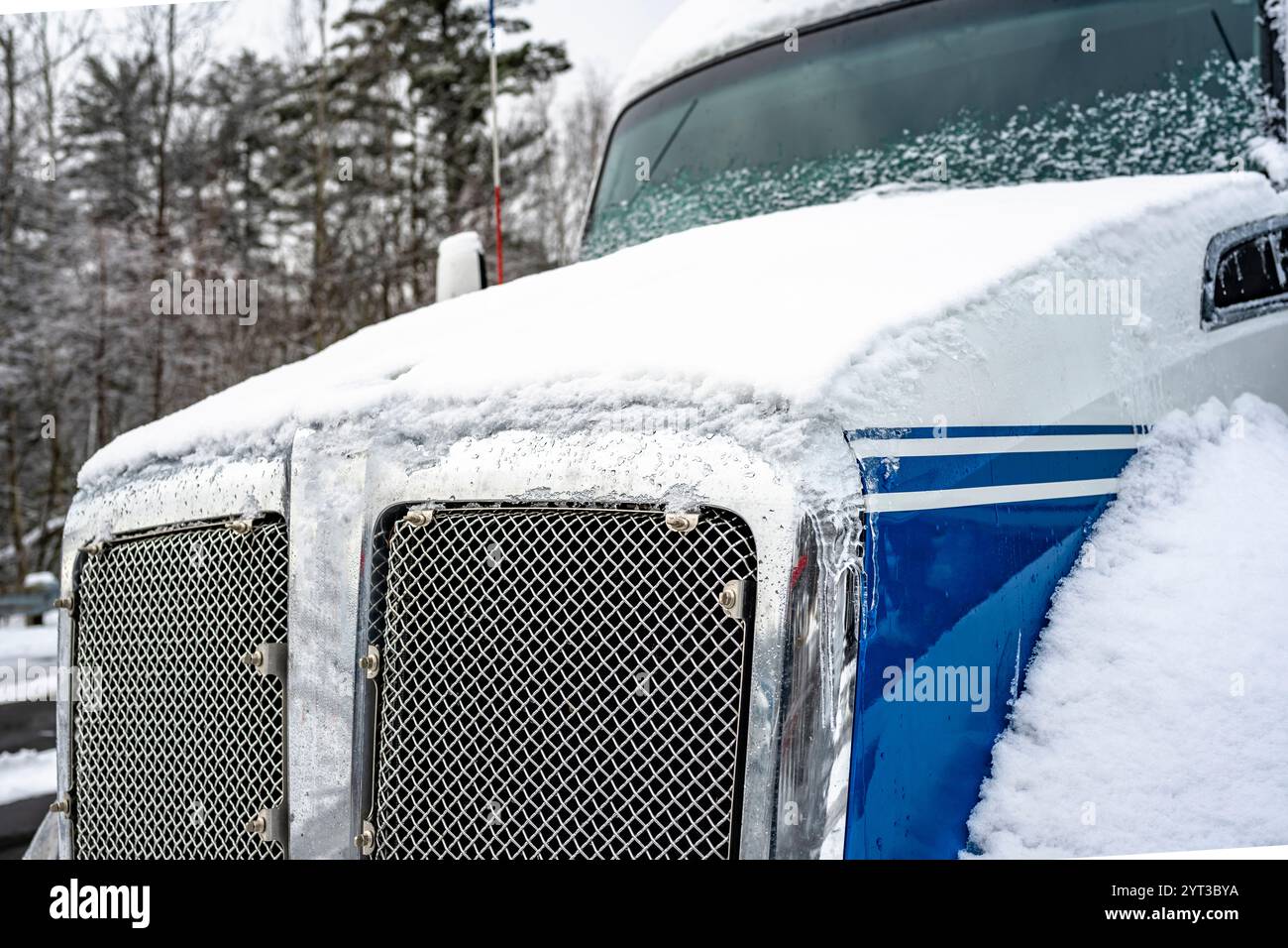 Front part of the industrial grade powerful bonnet white and blue big ...