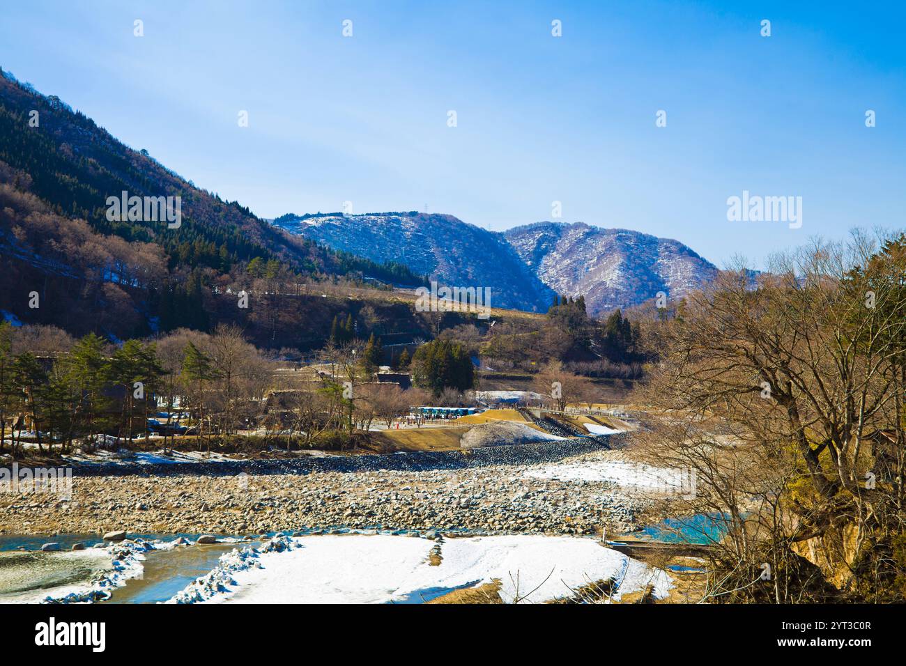 The Sho River flowing through Shirakawago village in spring Stock Photo ...
