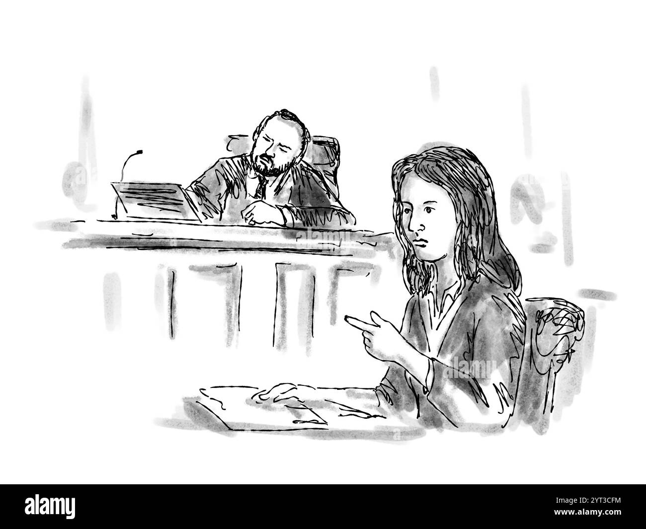Pastel pencil pen and ink sketch illustration of a courtroom trial ...
