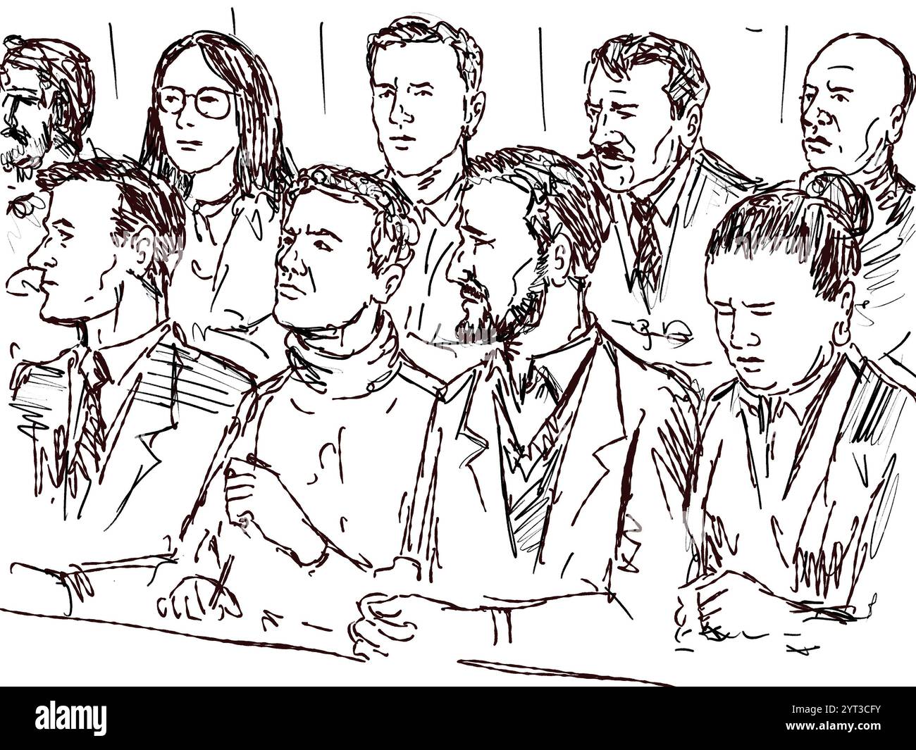 Pen and ink sketch illustration of a courtroom trial setting a jury of jurors in a court case ...