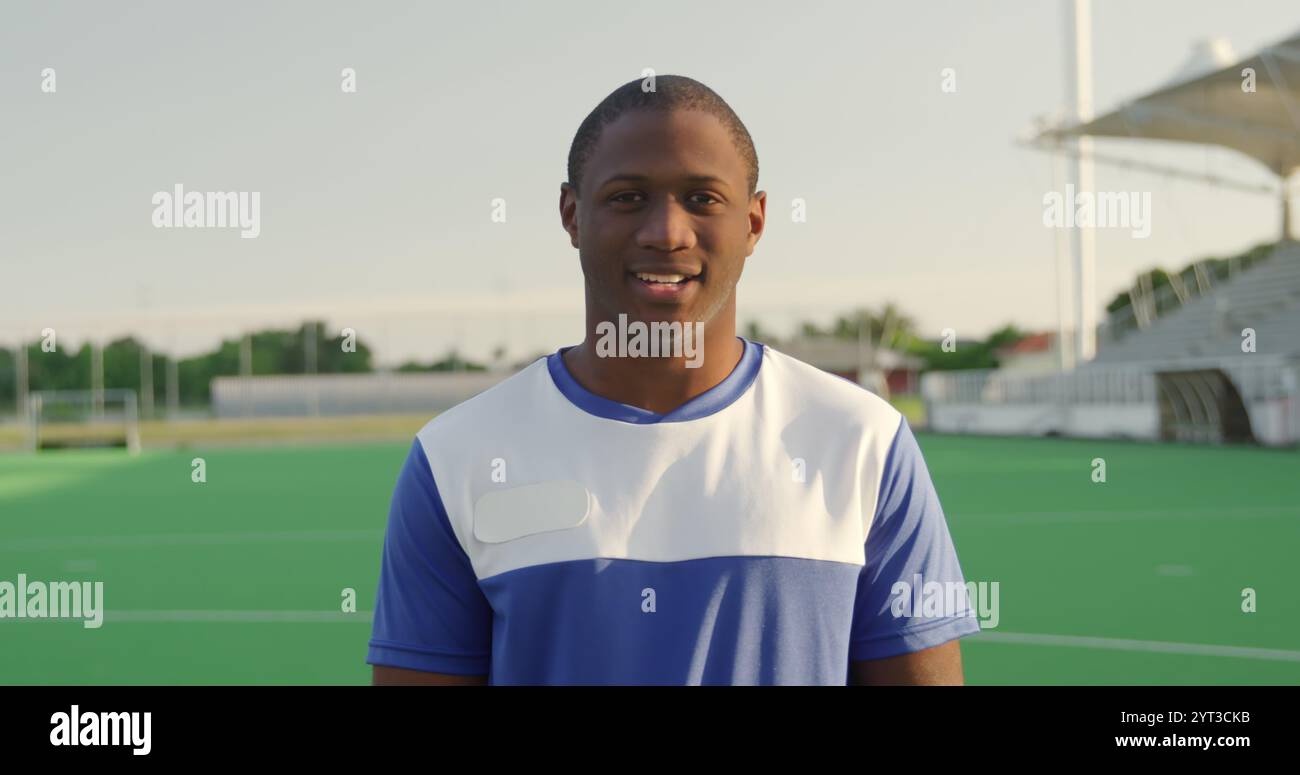 Portrait close up of an African American male field hockey player ...
