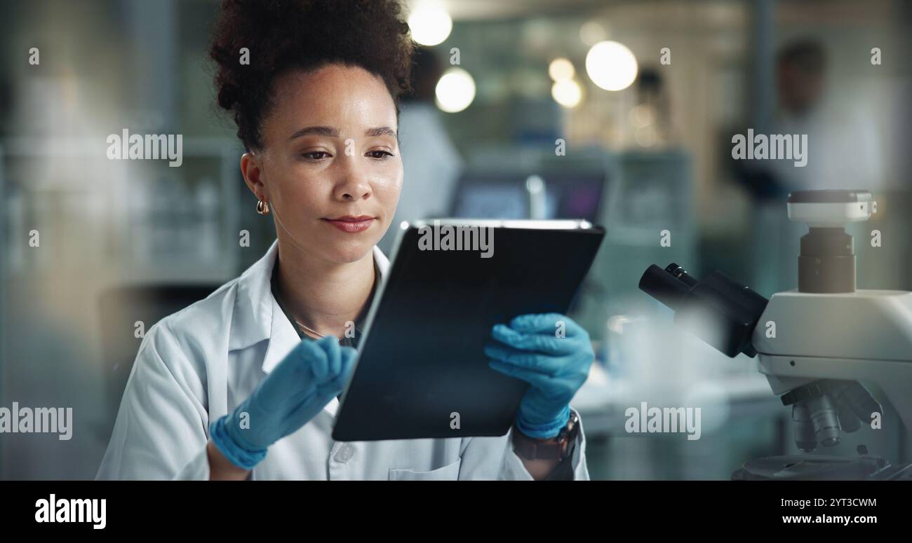 Woman, tablet and scientist in lab at night, research notes and study ...
