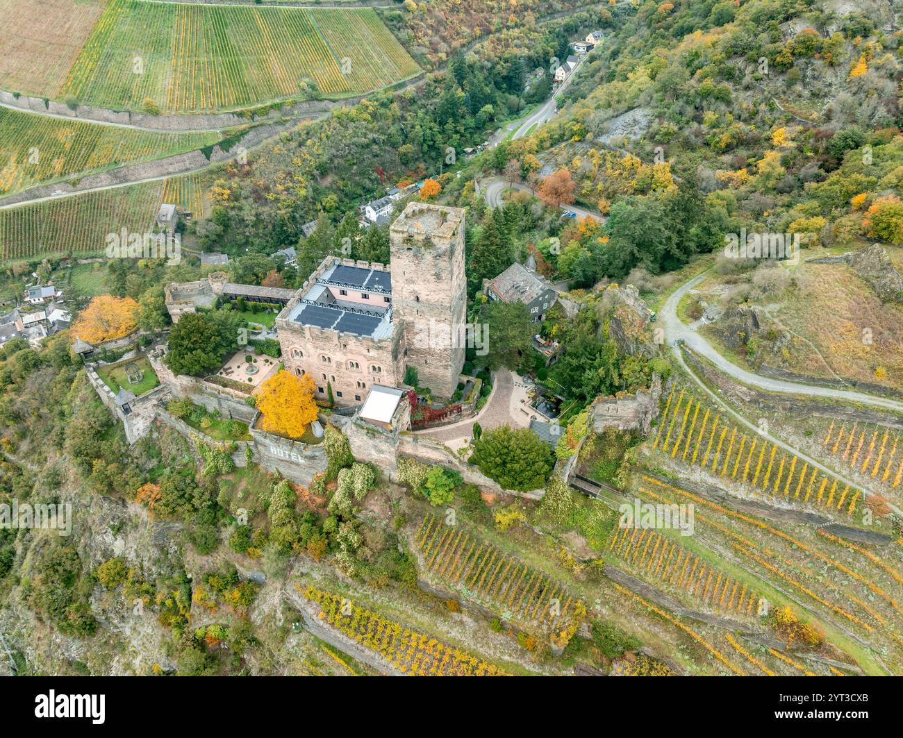 Aerial view of Gutenfels medieval knight castle above the Rhine river ...