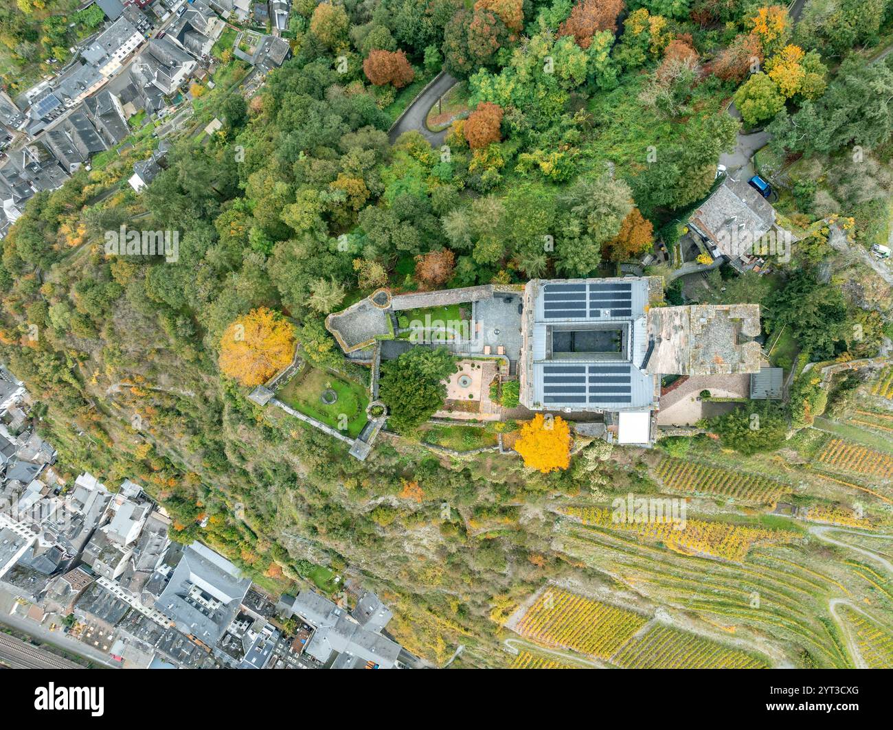 Aerial view of Gutenfels medieval knight castle above the Rhine river ...