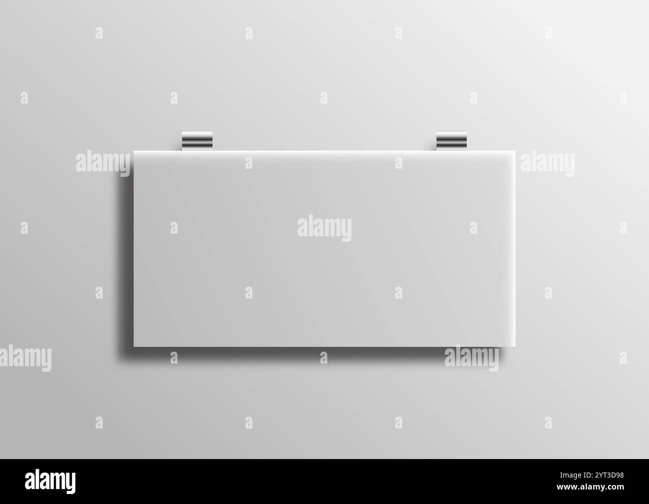 Blank rectangle sign secured by metal hooks hangs on a clean white wall ...