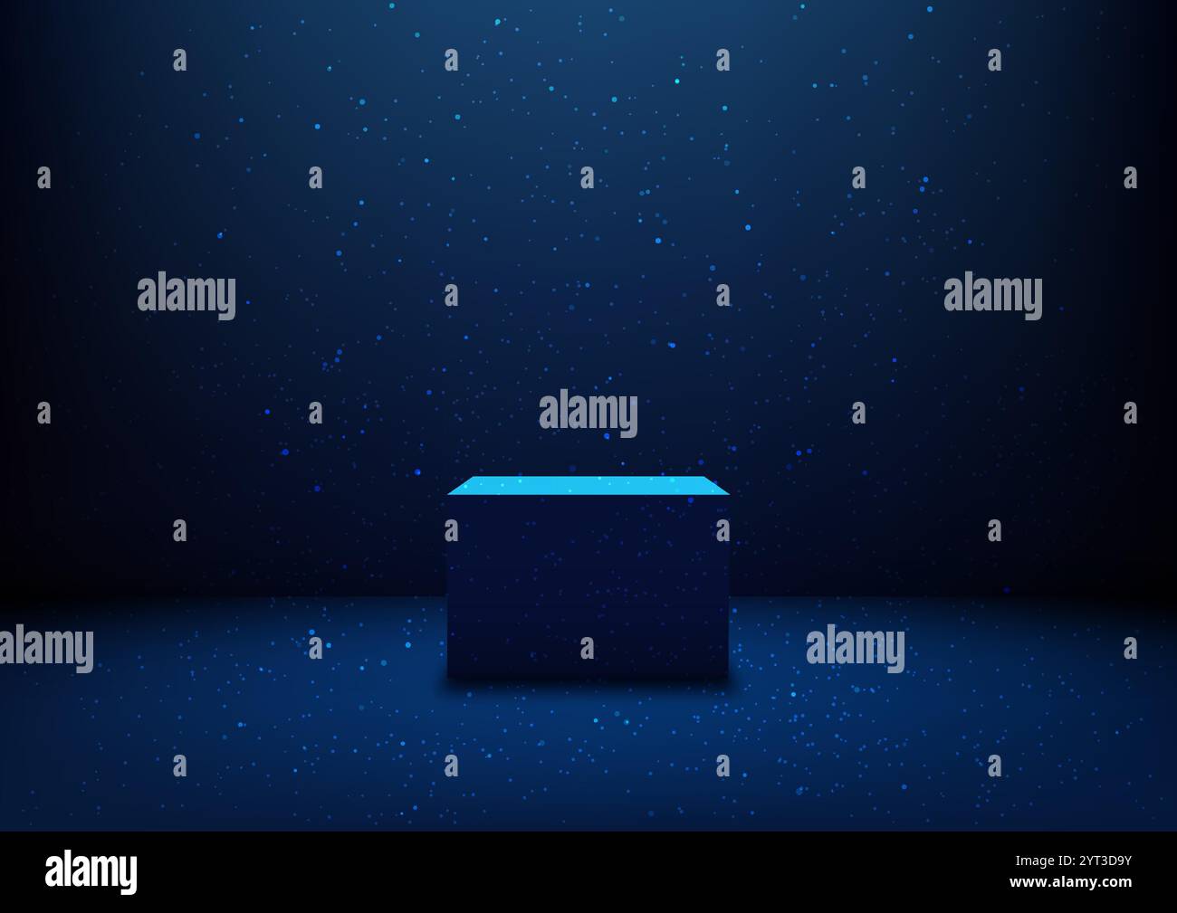 3D glowing blue cube platform illuminated by a spotlight in a dark ...