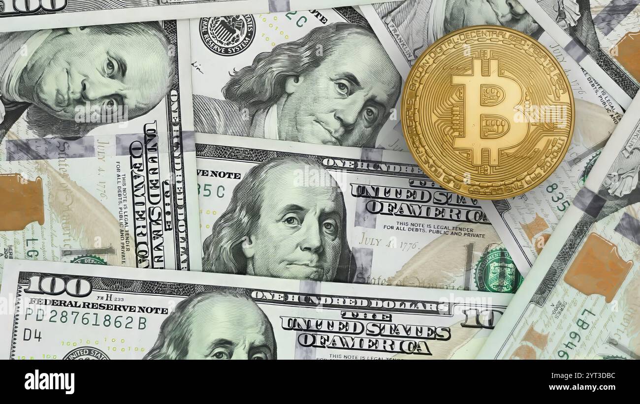 Bitcoin illustration on 100 dollar bills Stock Photo - Alamy
