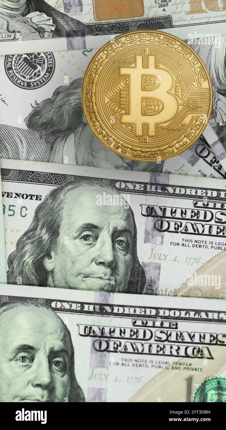 Bitcoin illustration on 100 dollar bills Stock Photo - Alamy