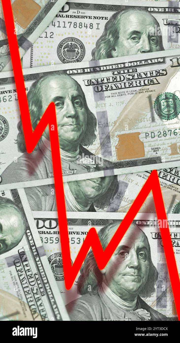 Downward trend, falling chart on 100 dollar bills, recession concept ...