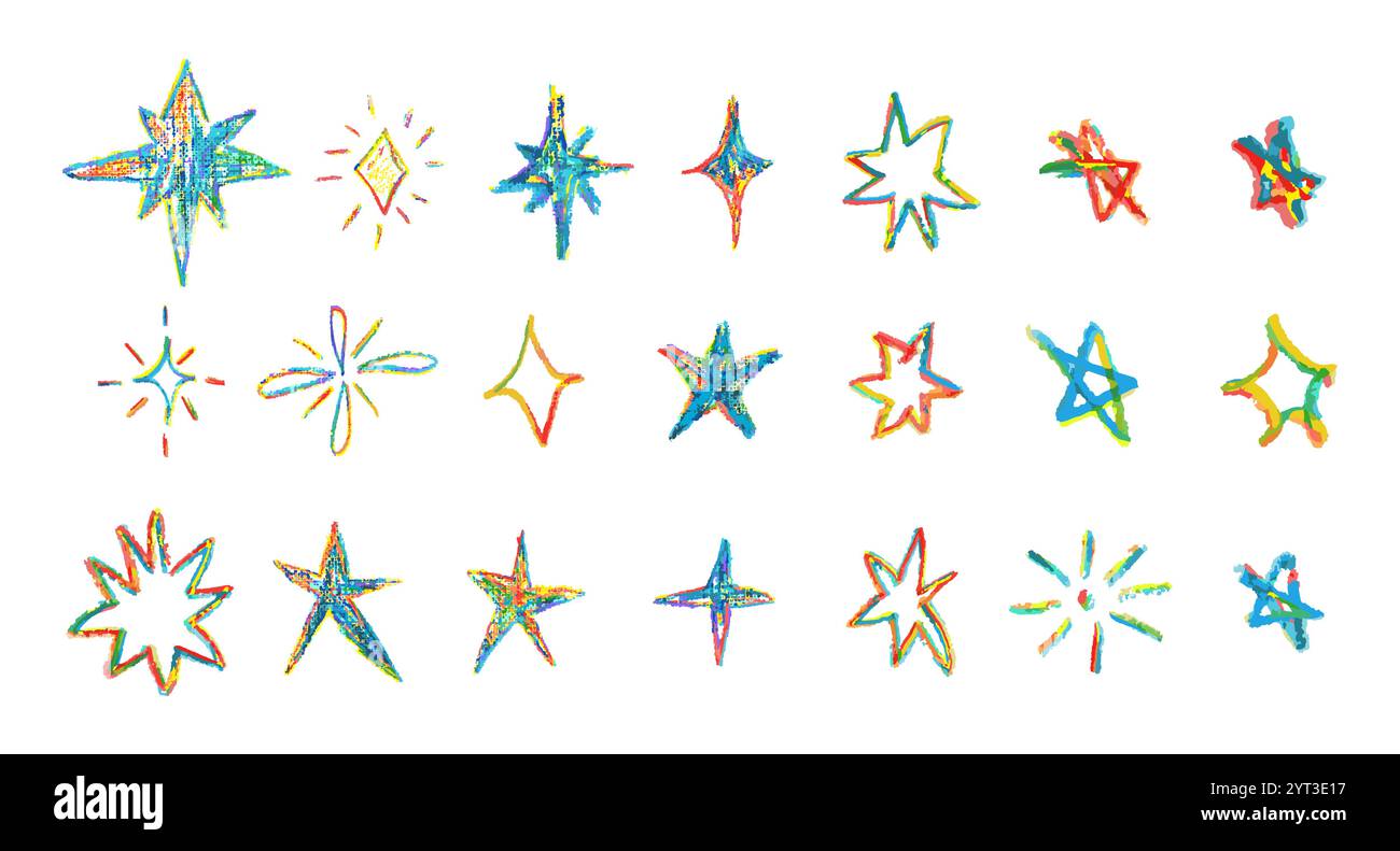 Set of colorful chalk drawing stars. Shine or sparkle doodle collection ...