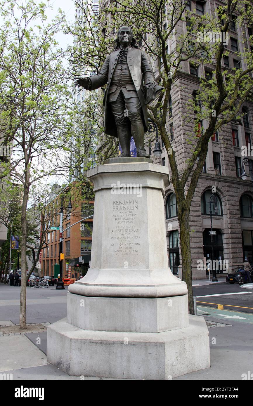 Statue of Benjamin Franklin, by Ernst Plassman, unveiled in 1872, in Lower Manhattan, New York ...