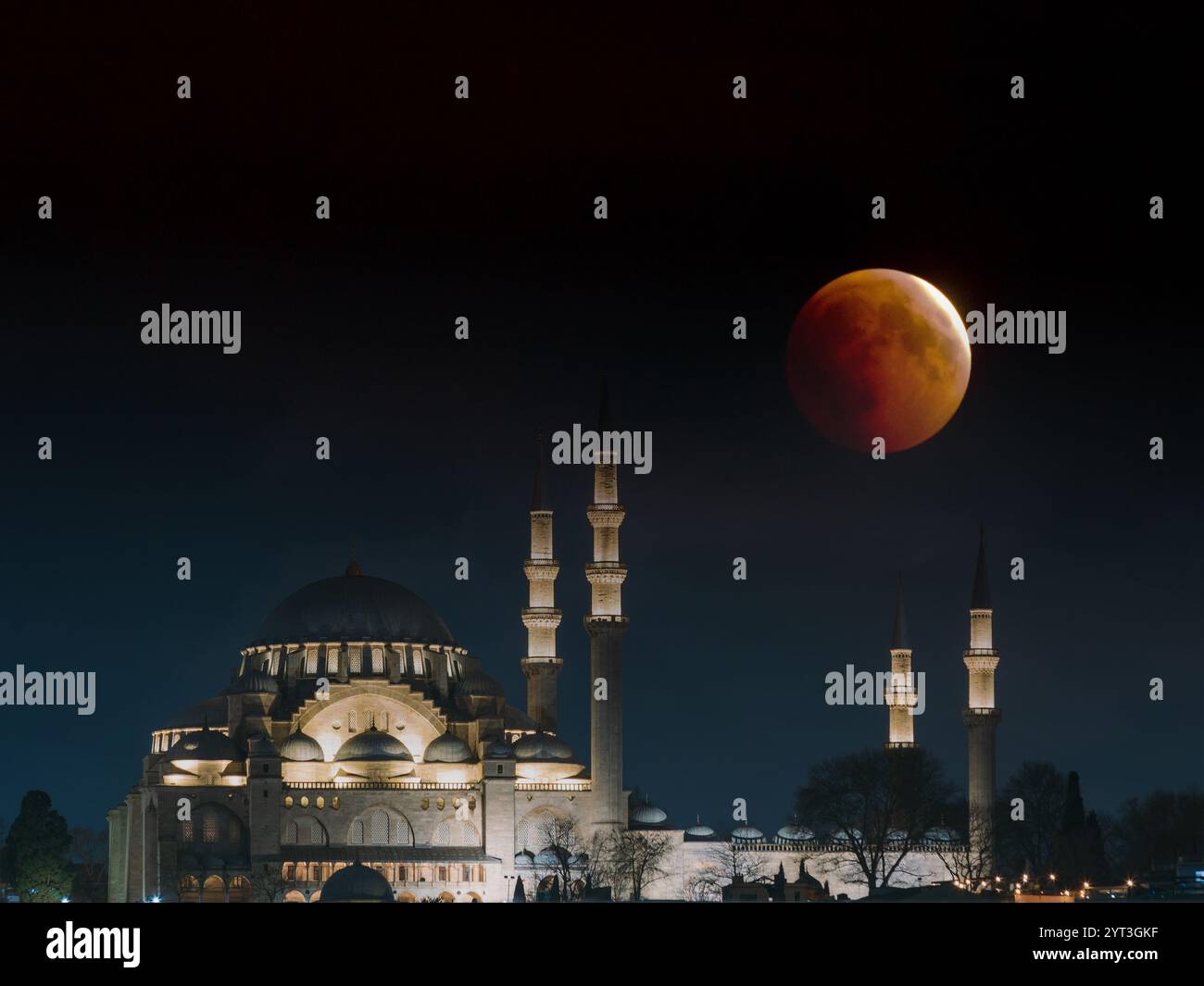 Islamic concept image. Suleymaniye Mosque and lunar eclipse. Ramadan or ...
