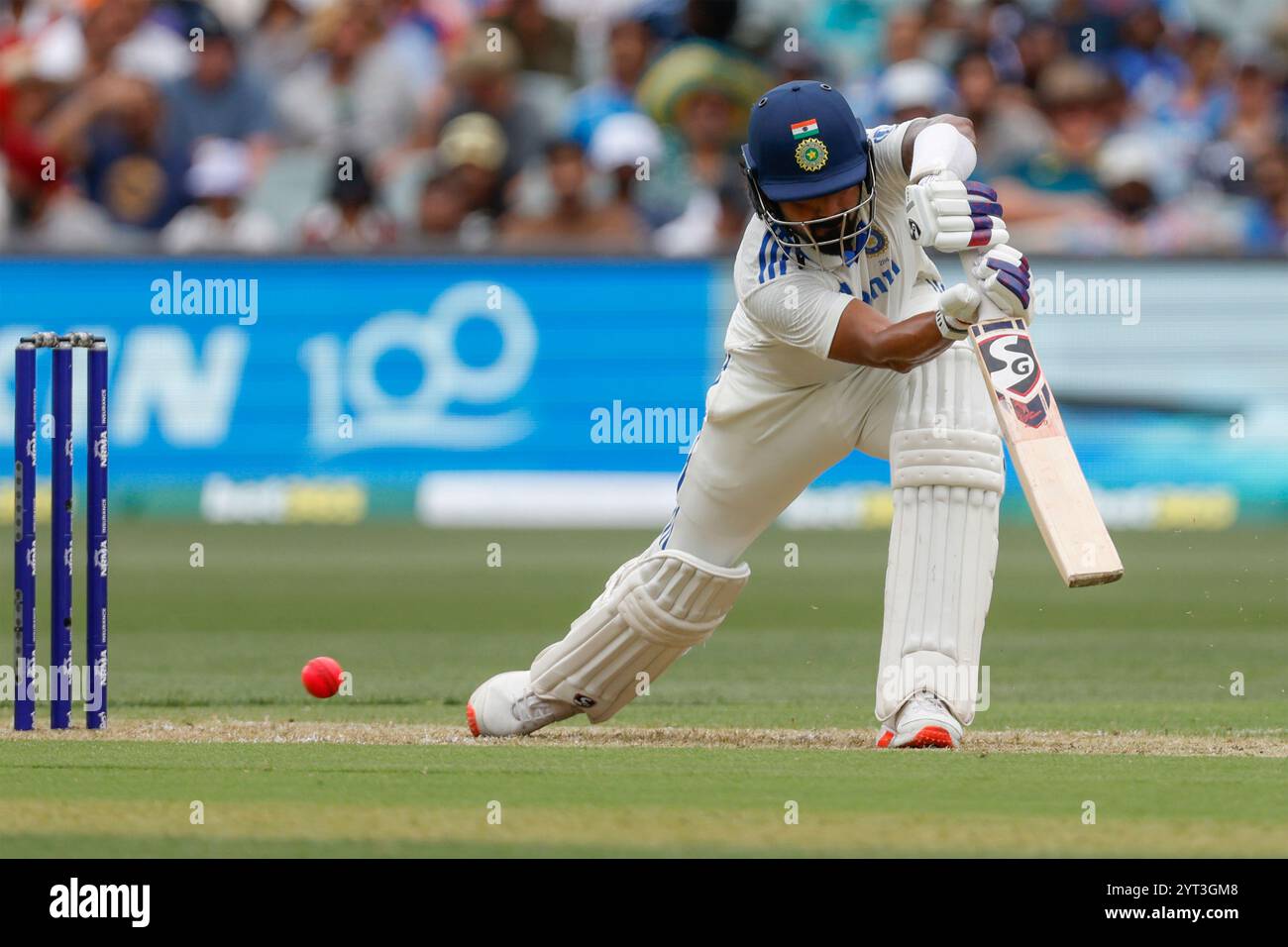 India's KL Rahul hits a boundary during the day one of the second ...