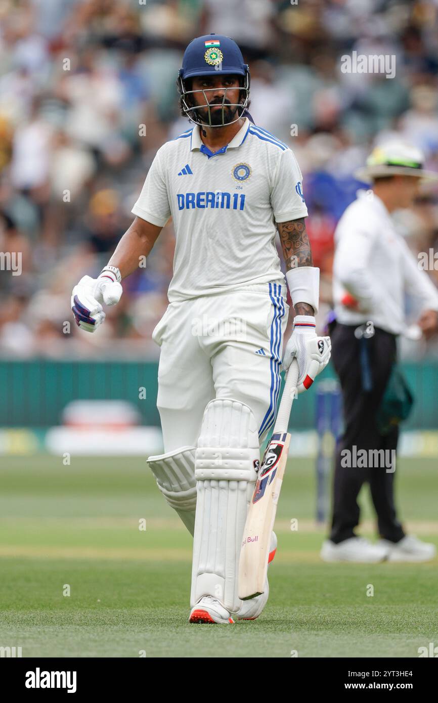 India's KL Rahul walks off the field after losing his wicket during the ...