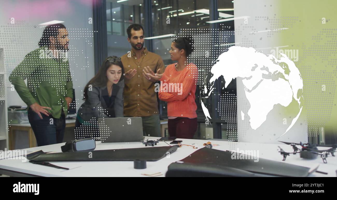 Image of world map and globe over diverse colleagues discussing work in ...