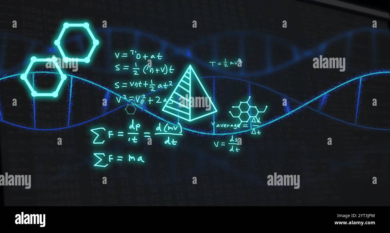 Image of mathematical equations with symbols over dna strand on black ...