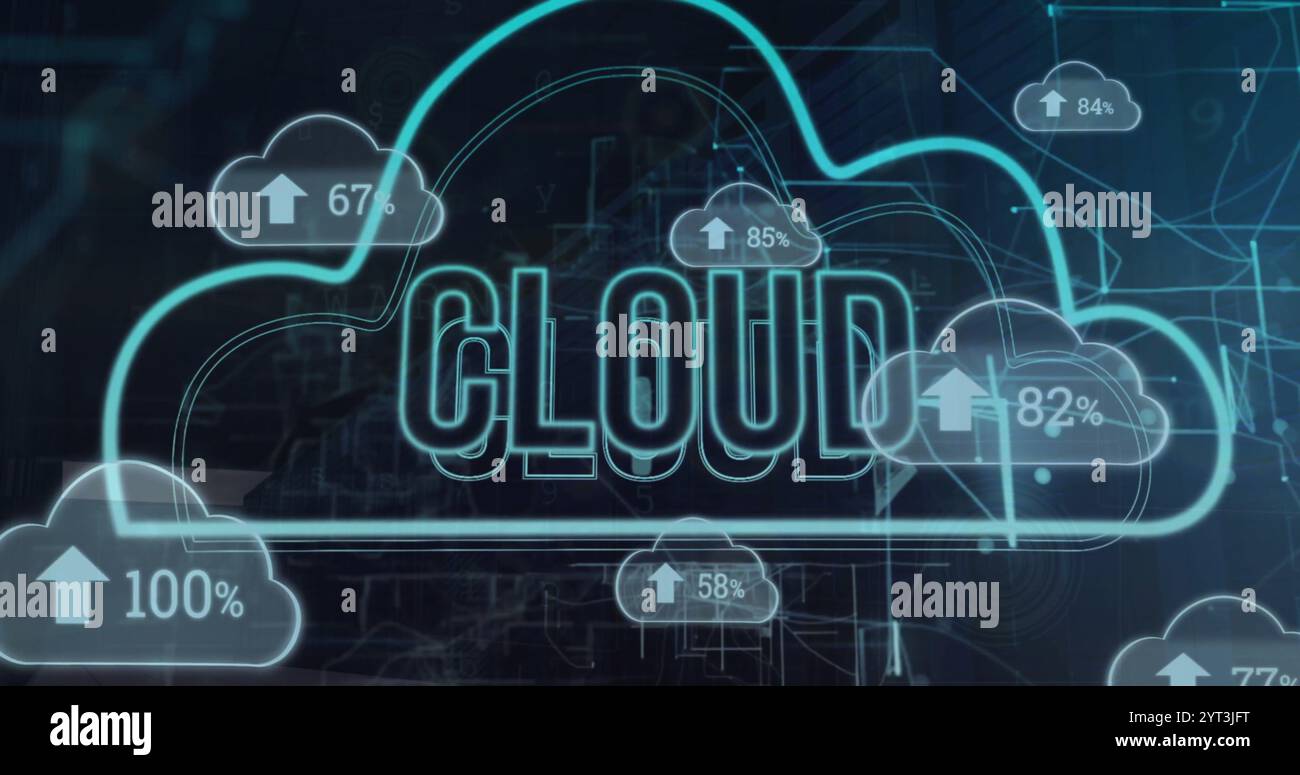 Image of cloud icons with data processing over cloud text with ...