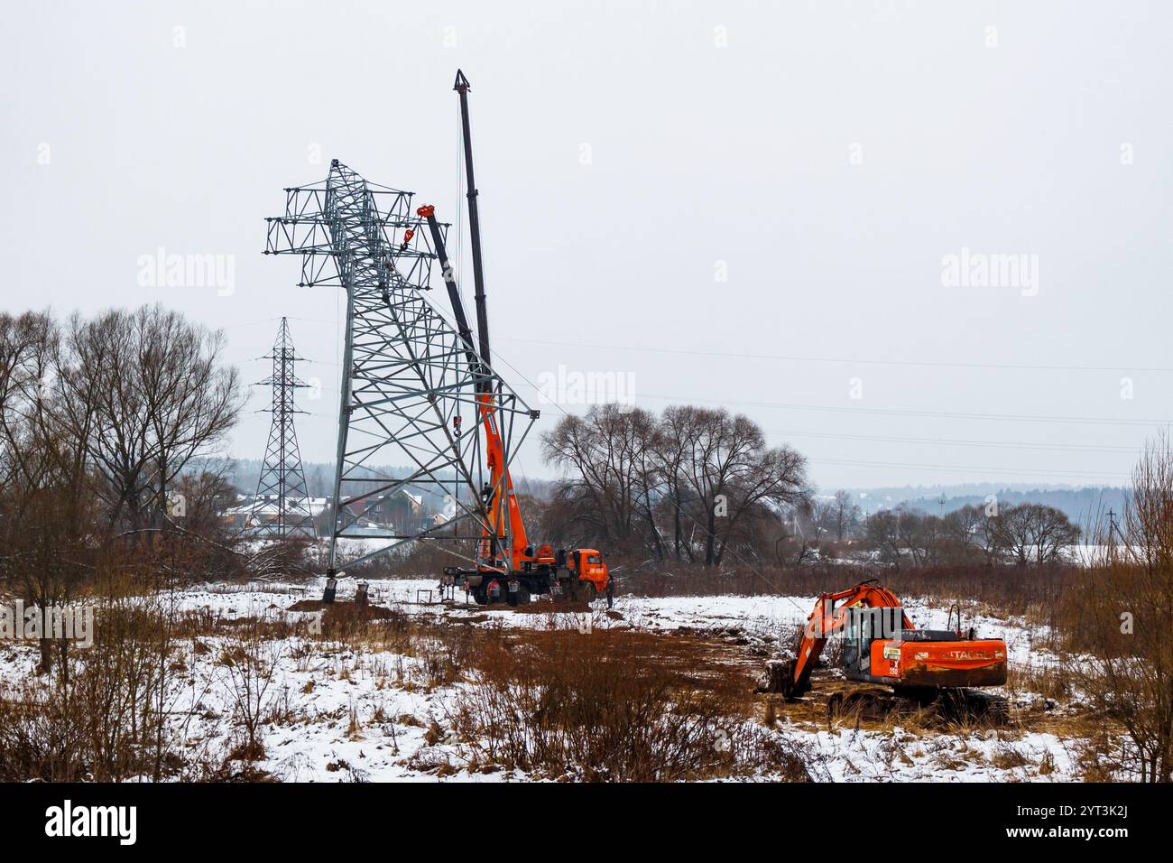Installation of a power transmission line support using construction ...