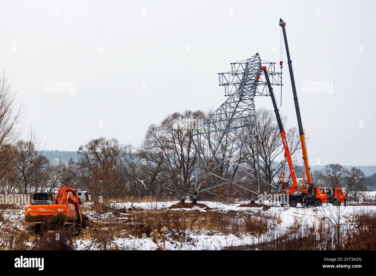 Installation of a power transmission line support using construction ...